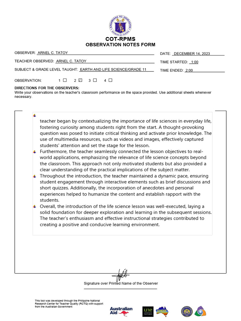 2nd Cot Rpms Observation Notes Form Pdf Teachers Science