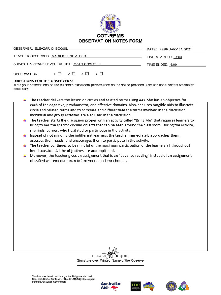 SAMPLE COT RPMS Observation Notes Form | PDF | Wellness