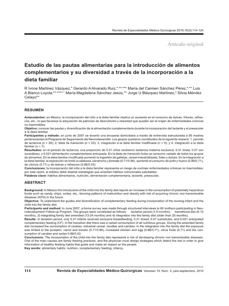 Estudio de Las Pautas Alimentarias para La Introducción de Alimentos Complementarios y Su ...