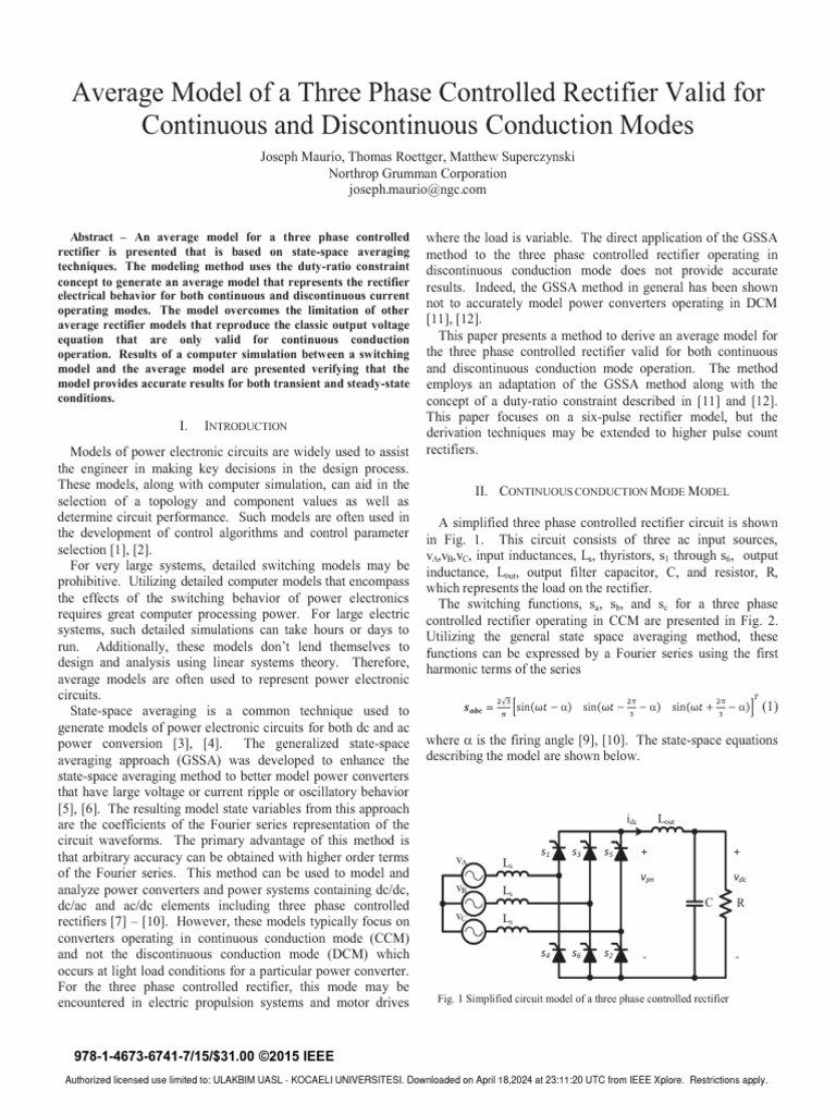 Average Model of A Three Phase Controlled Rectifier Valid For Continuous and Discontinuous ...