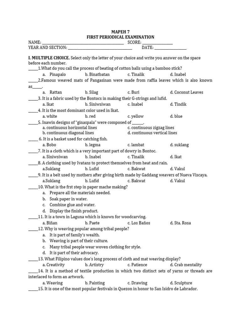 C.H. Mapeh 7 1st QUARTER EXAM | PDF | Weaving | Textiles