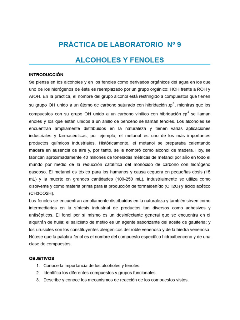 Alcoholes y Fenoles: Práctica Lab | PDF | Reacciones químicas | Ácido