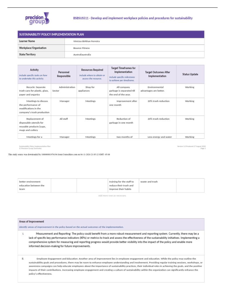 SUS511 Sustainability Policy Implementation Plan | PDF | Performance Indicator | Sustainability