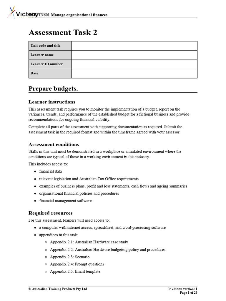 BSBFIN601 - Assessment Task 2 | PDF | Expense | Budget