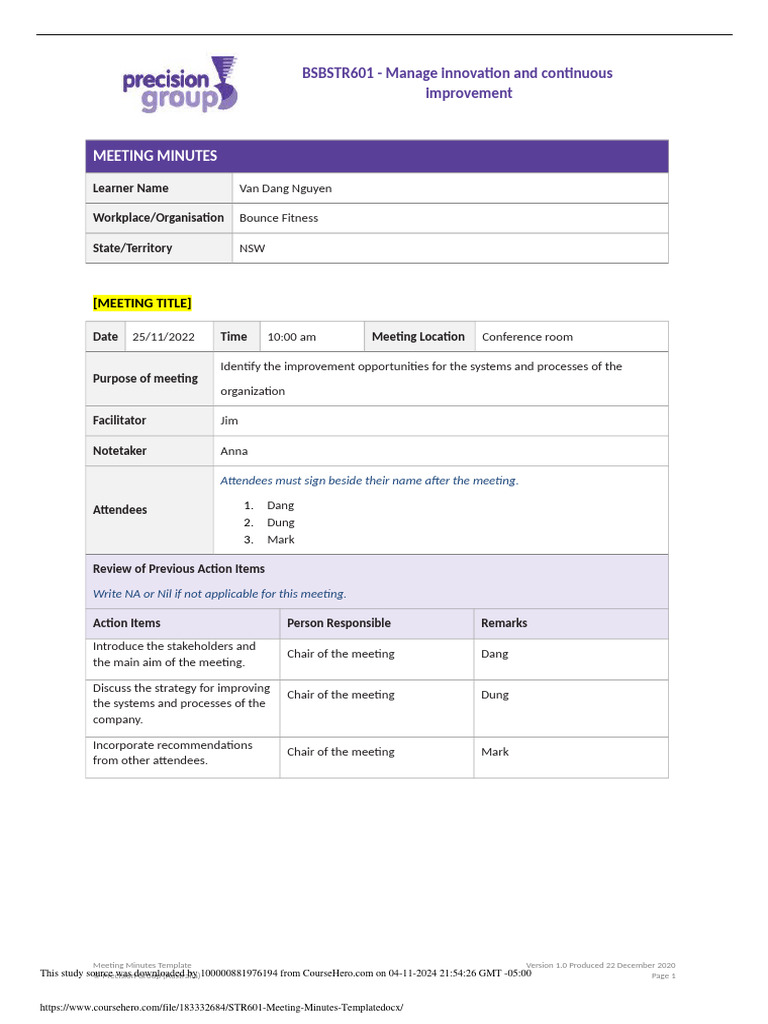 STR601 Meeting Minutes Template | Download Free PDF | Performance ...
