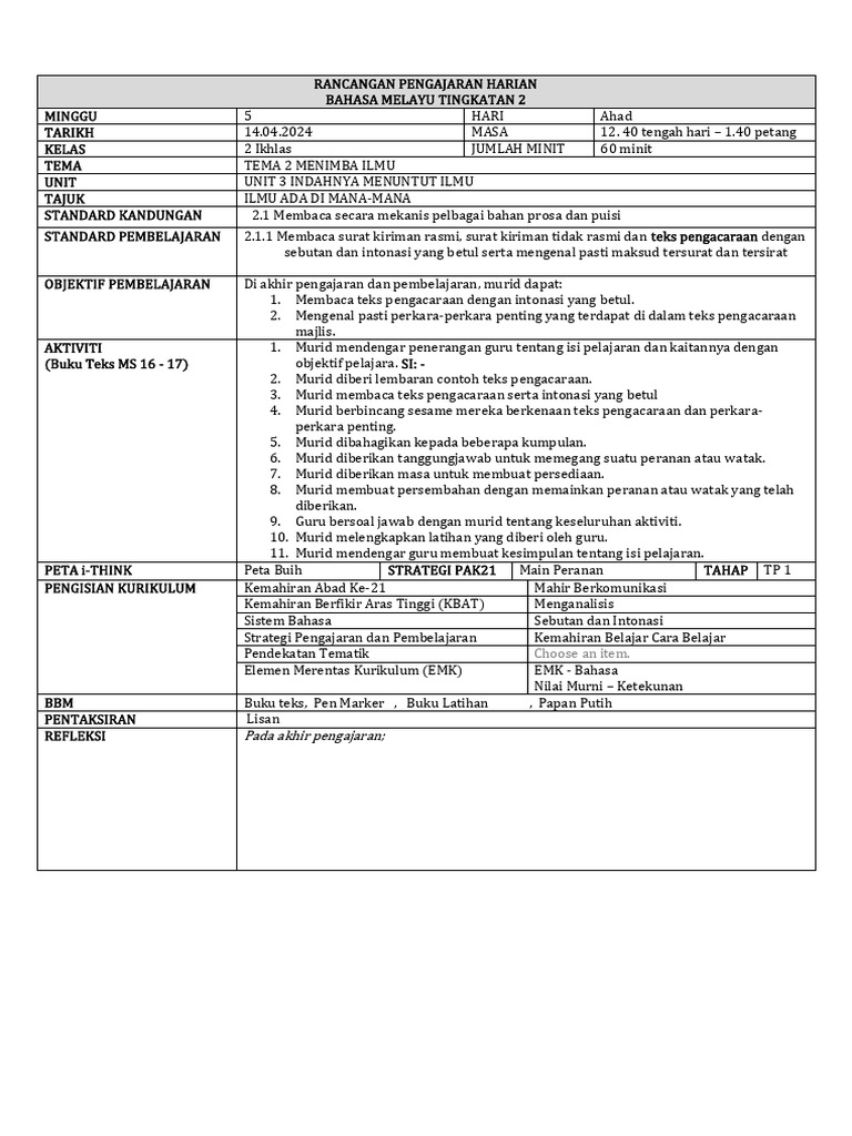 RPH BM Tingkatan 2 Ikhlas Minggu Kelima Hari Ahad - 1 | PDF