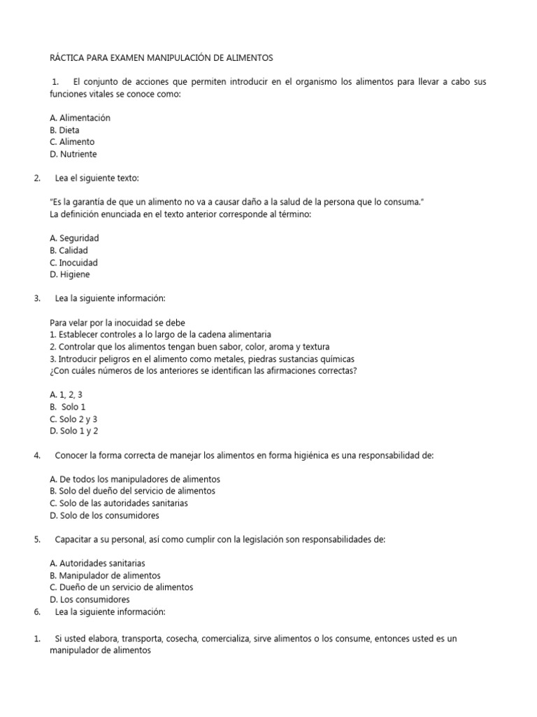 Práctica para Examen de Manipulación de Alimentos | PDF | Alimentos ...