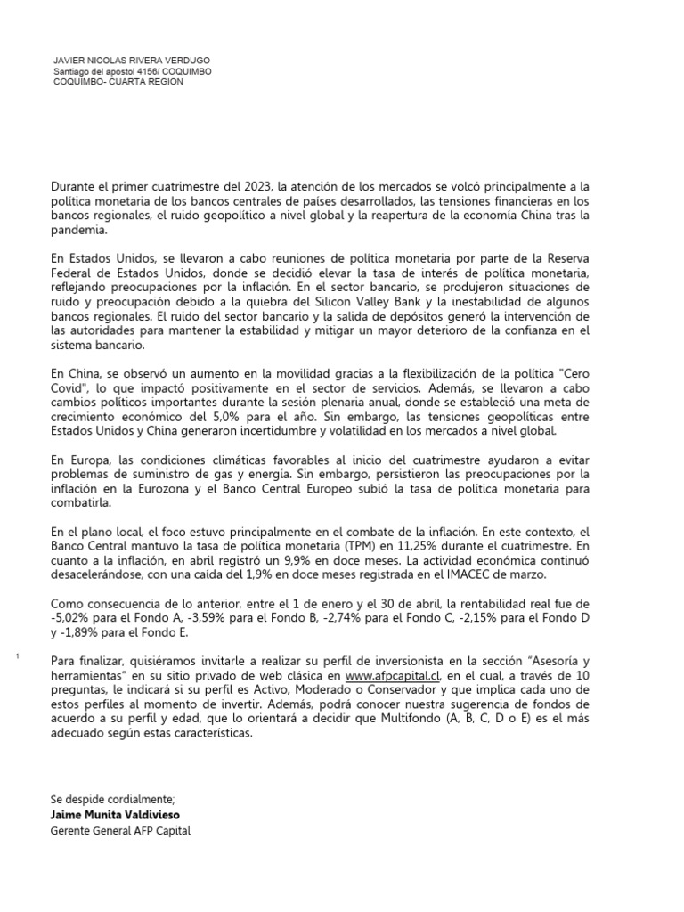 Informe Cuatrimestral AFP Capital 2023 | PDF | La política monetaria ...