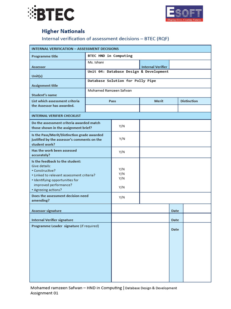 Higher Nationals: Internal Verification of Assessment Decisions - BTEC (RQF) | PDF | Databases ...