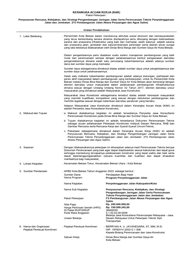 KAK FS Pembangunan Jalan Akses Perjuangan Dan Agus Salim | PDF