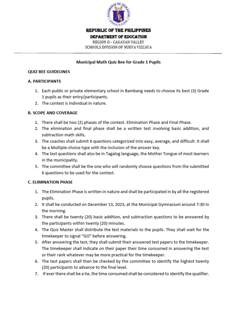 Municipal Math Quiz Bee For Grade 1 Pupils | PDF