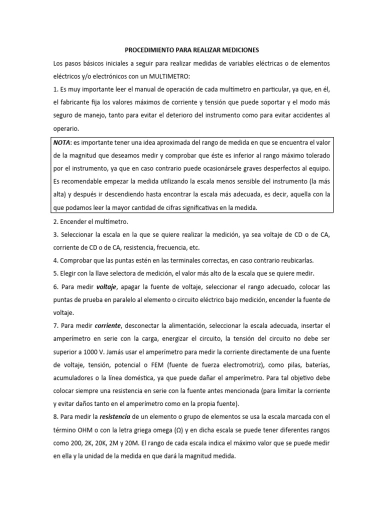 Procedimiento Para Realizar Mediciones | PDF | voltaje | Resistencia ... Procedimiento Para Realizar Mediciones | PDF | voltaje | Resistencia ...