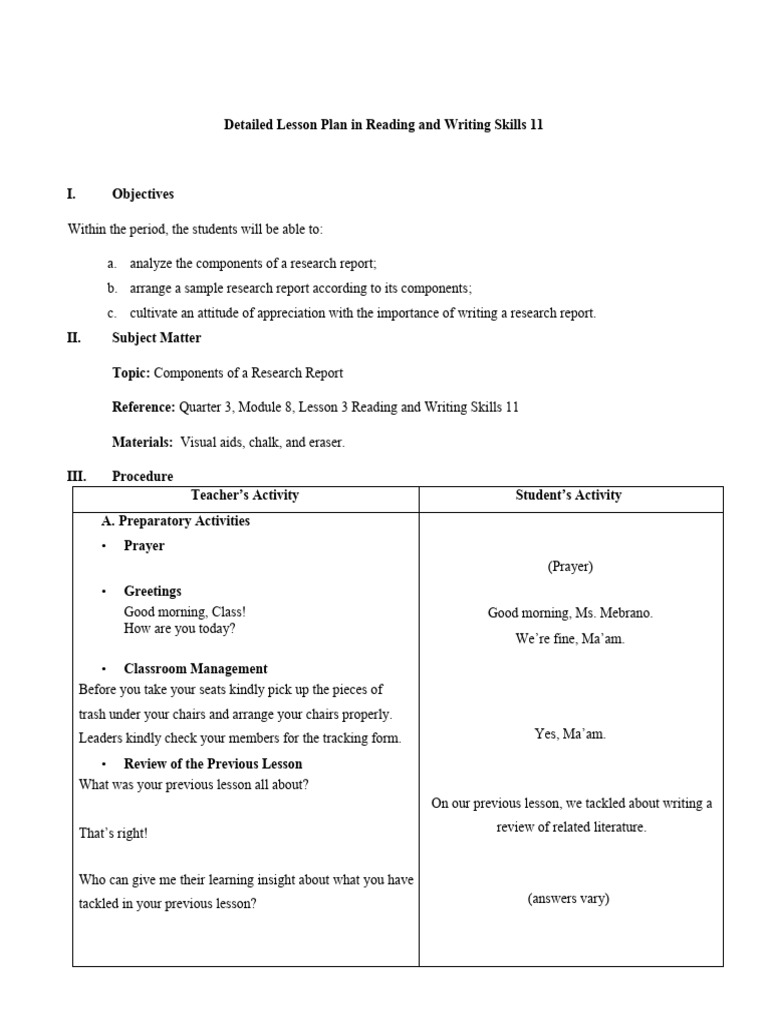 Research Report Components Lesson Plan | PDF | Methodology | Abstract ...