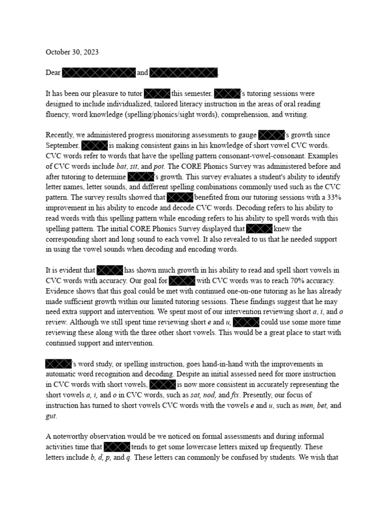 Annotated-660 20 7c 20tutoring 20report 20 | PDF | Phonics | Reading ...