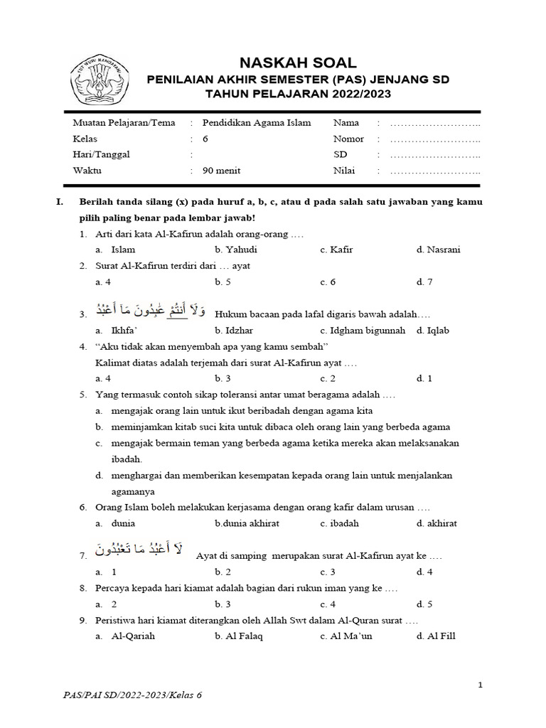 Naskah Soal Pai KLS 6 | PDF | Agama & Spiritualitas