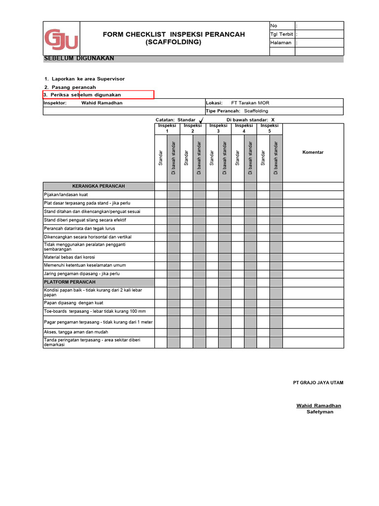 Checklist Inspeksi Perancah Scaffolding | PDF
