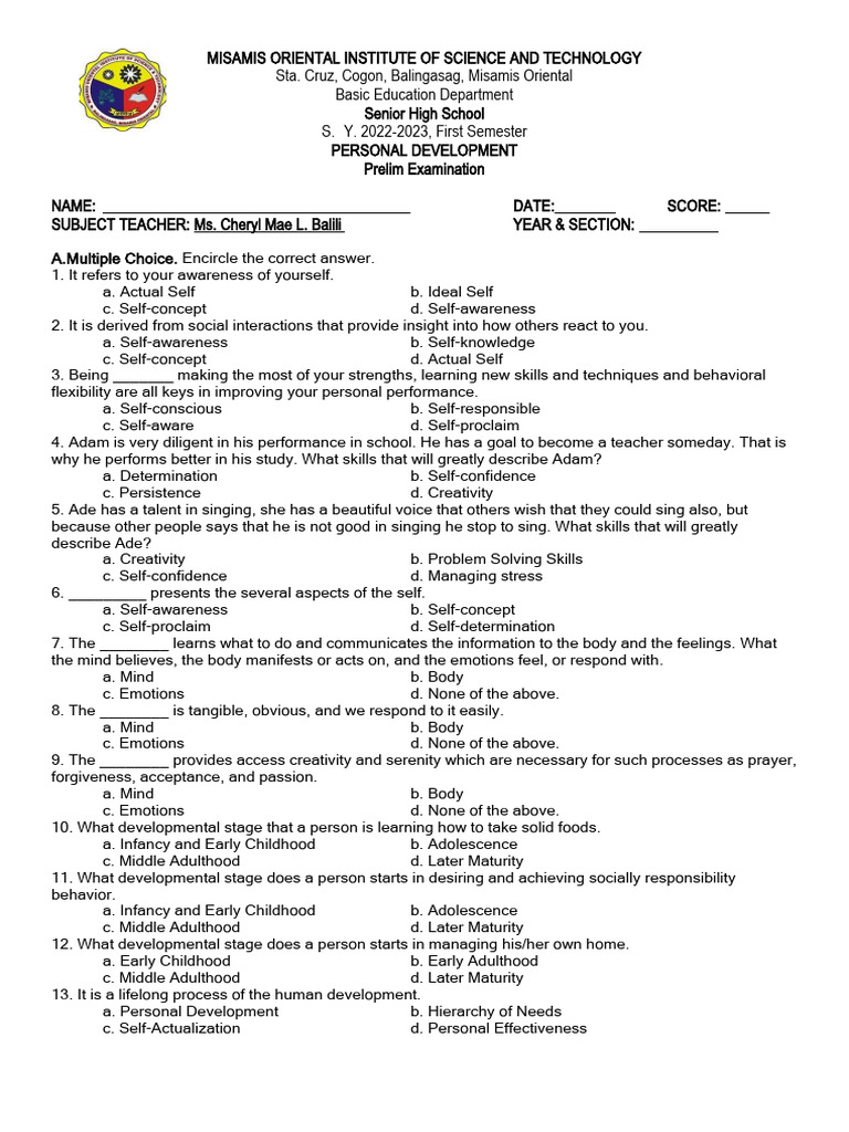 Prelim Exam Perdev Pdf Self Actualization Truth
