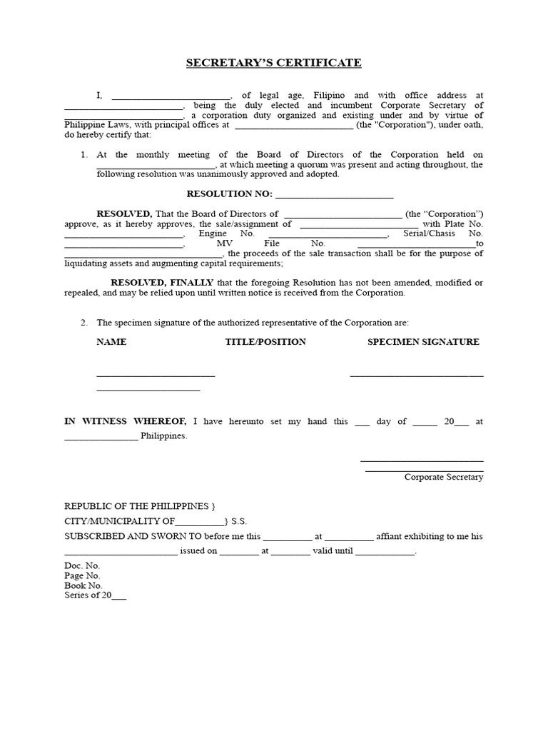 Secretary Certificate for Vehicle Sale | PDF | Finance & Money Management