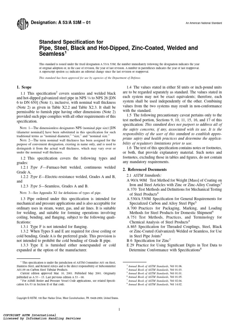 ASTM A53-01 | PDF | Pipe (Fluid Conveyance) | Mechanical Engineering