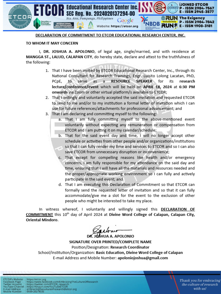 Declaration of Commitment To ETCOR | PDF | Social Science | Wellness