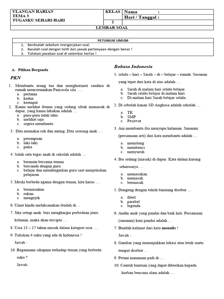 Ulangan Tema 3 Tugasku Sehari-Hari | PDF | Seni