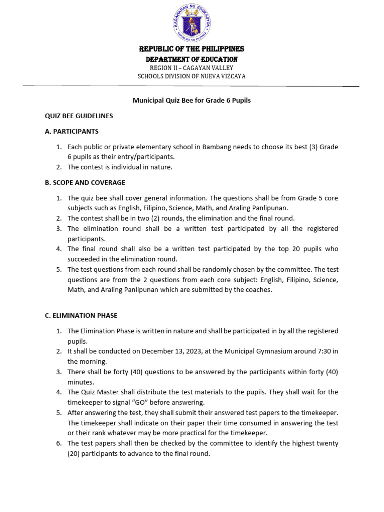Grade 6 Quiz Bee Guidelines 2023 | PDF