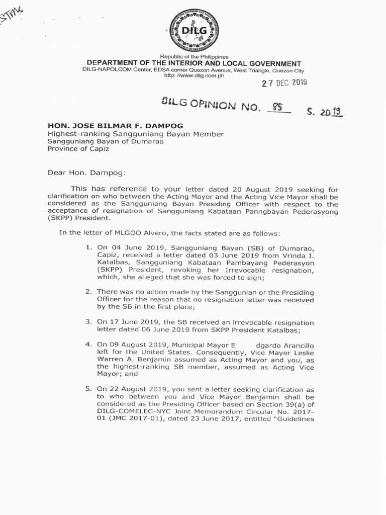 Legal Opinion on who between the Acting Mayor and Acting Vice Mayor shall be considered as the ...