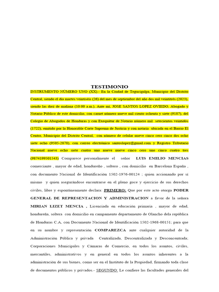 Poder General de Representacion Profe Mirian | PDF | Honduras | Bienes