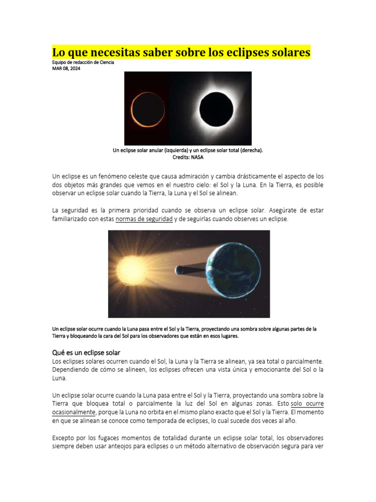 Lo Que Necesitas Saber Sobre Los Eclipses Solares | Descargar gratis PDF | Eclipse solar | Eclipse