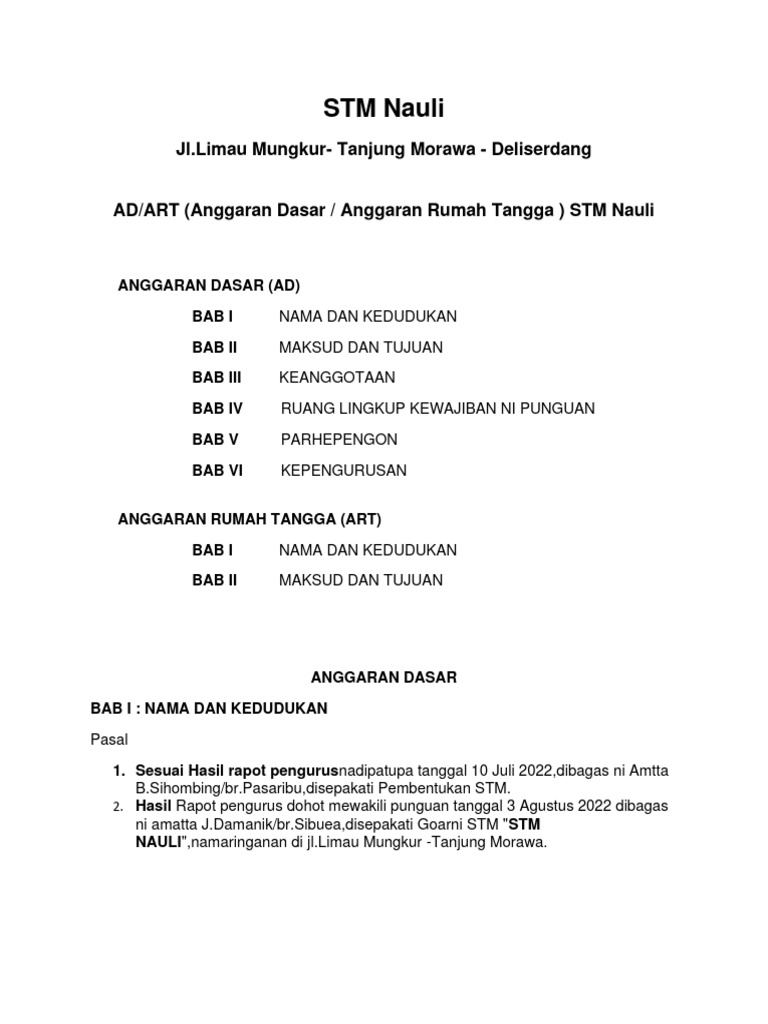 Anggaran Dasar STM Nauli | PDF