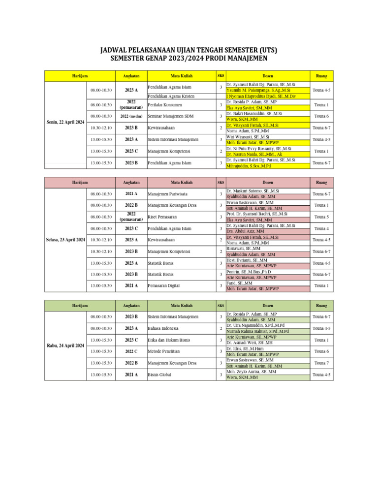 Jadwal UTS Manajemen 2023/2024 | PDF