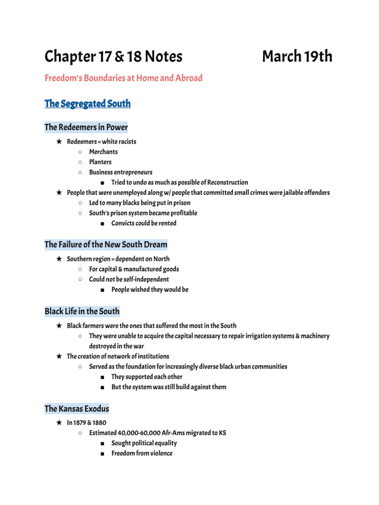 Chapter 17 - 18 Notes 3 - 19 | PDF | Jim Crow Laws | Progressivism In ...