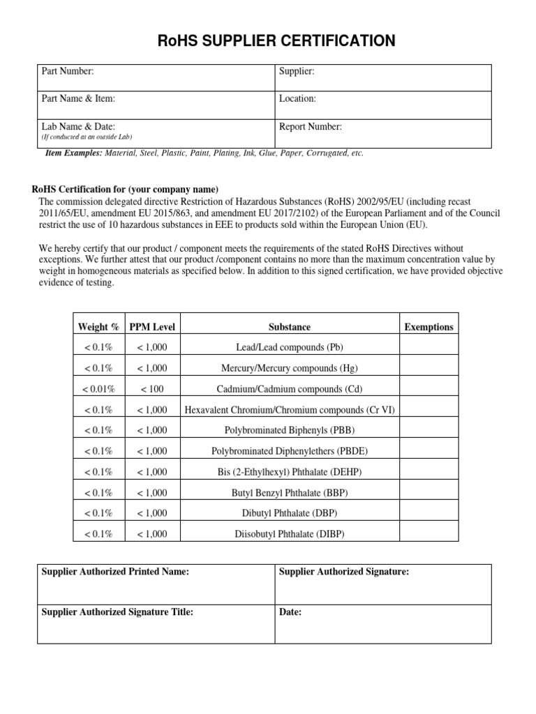 RoHS-Supplier-Certification-blank Form | PDF