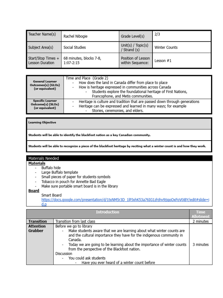 winter counts lesson plan | PDF | Learning | Cognition