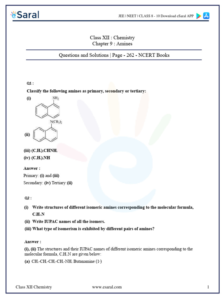 NCERT Solutions Class 12 Chemistry Chapter 9 Amines PDF | PDF | Amine | Chemical Reactions