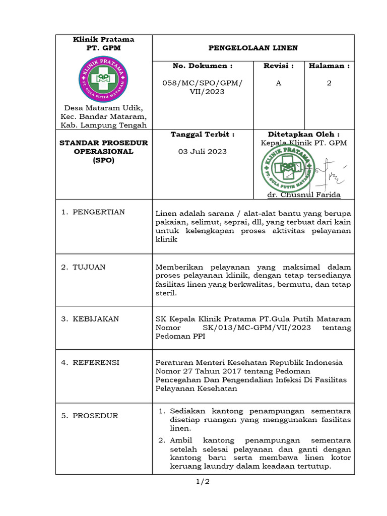 SPO Pengelolaan Linen | PDF