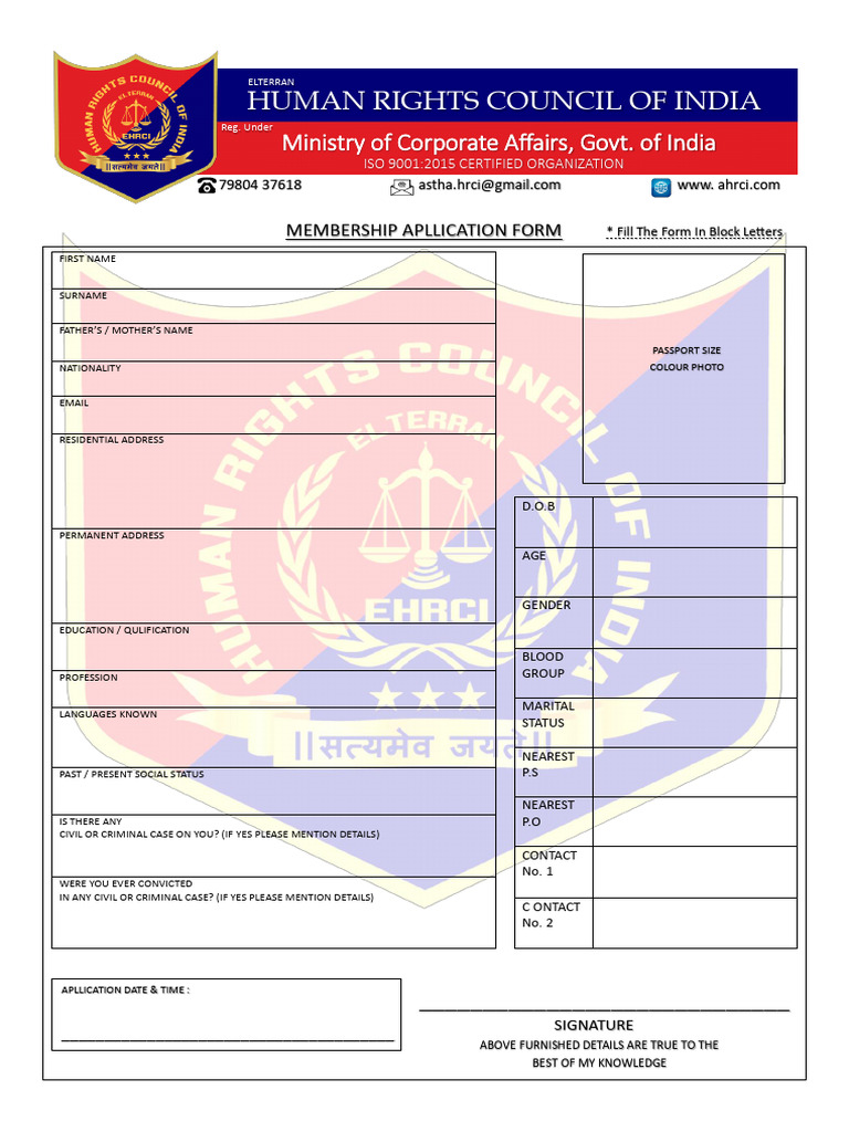 Membership Apllication Form | PDF | Human Rights | Government And Personhood