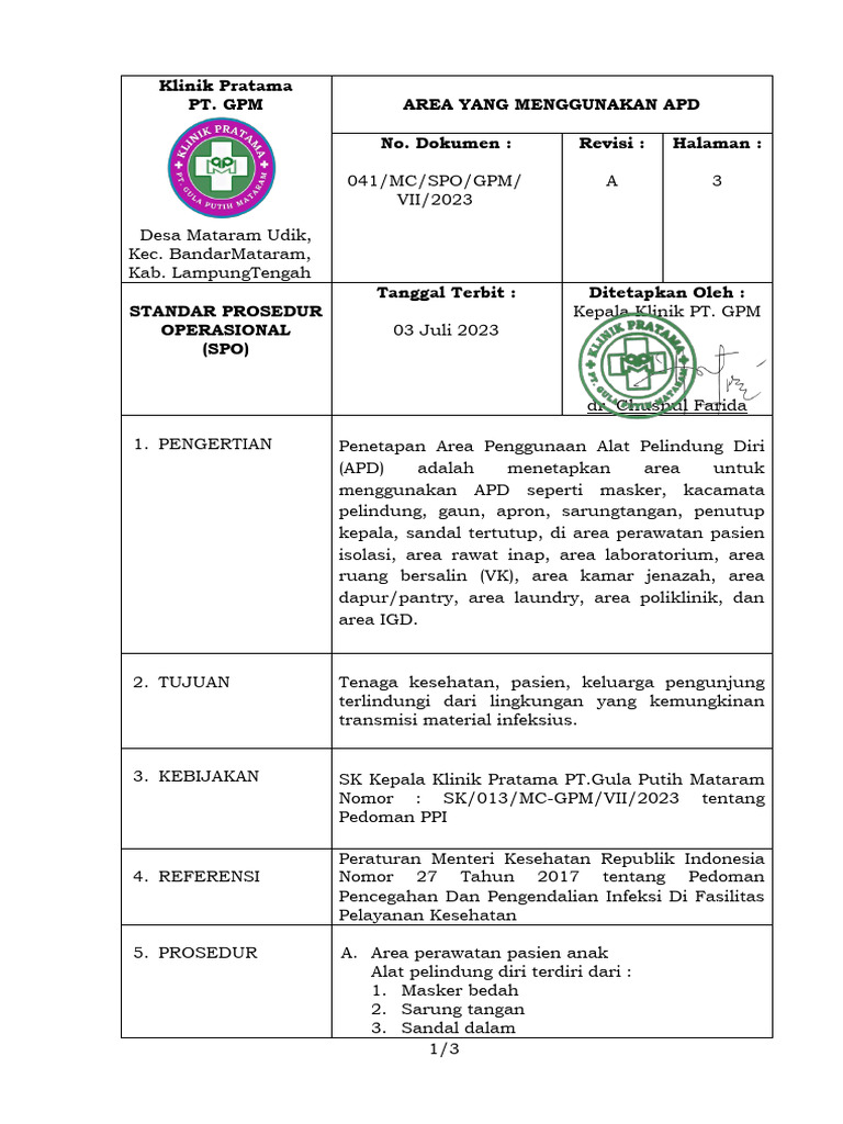 SPO Area Yang Menggunakan APD | PDF