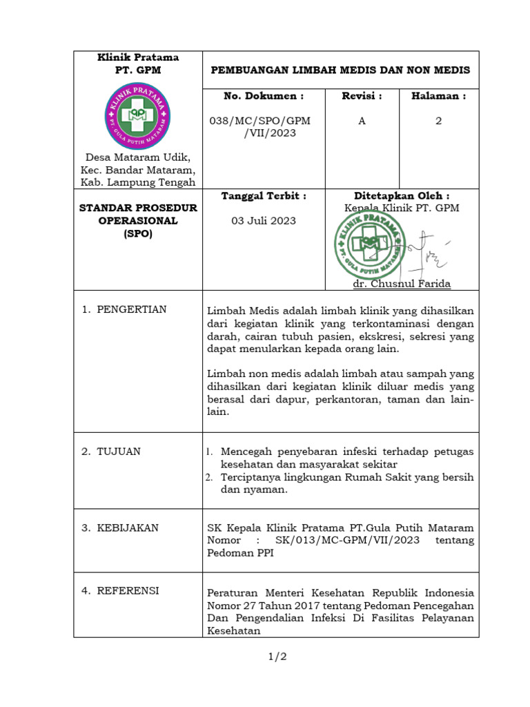 SPO Pembuangan Limbah Medis Dan Non Medis | PDF | Sains & Matematika