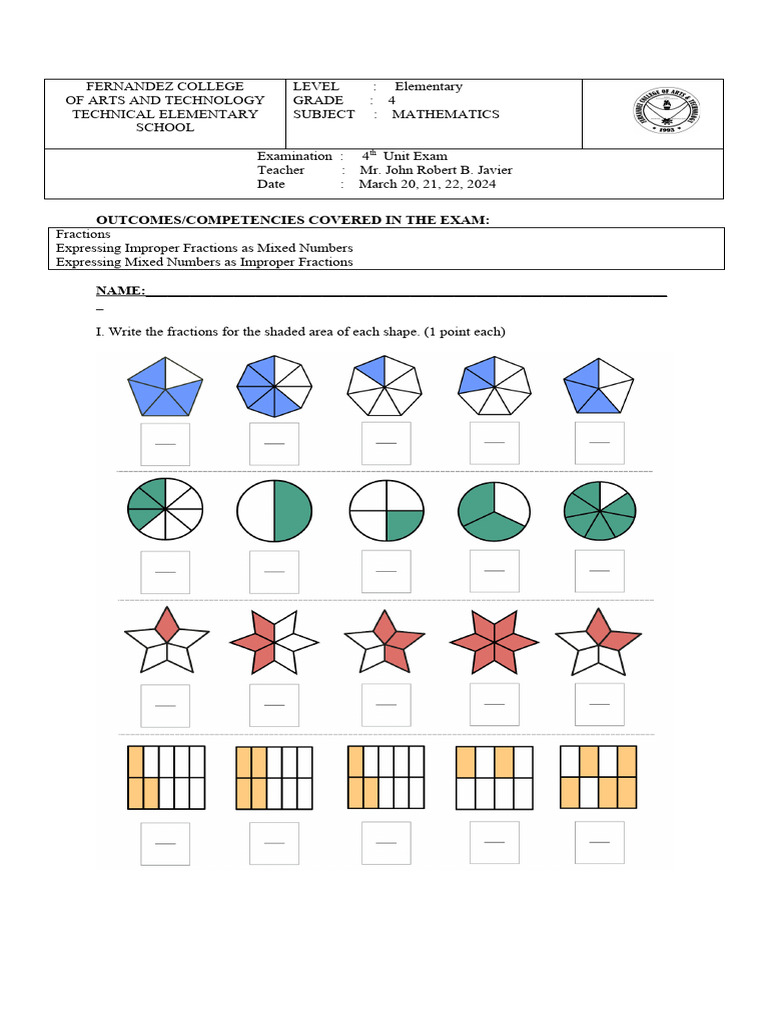 4th Unit Exam Math Grade 4 | PDF