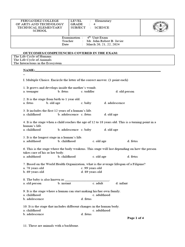 4th Unit Exam Science Grade 4 | PDF | Parasitism | Predation