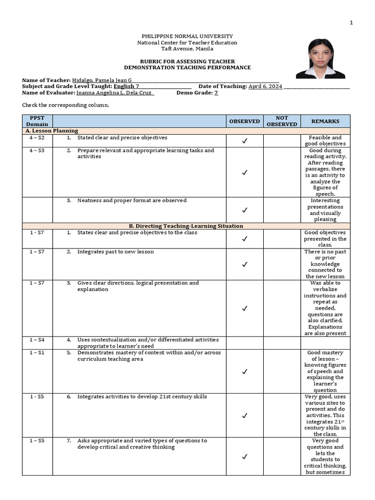 Demo Teaching Rubric Form Template 1 Pdf Learning Nonverbal
