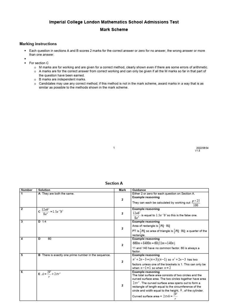 ICMA Admissions Test Specimen Paper Mark Scheme October 22 | PDF | Area ...
