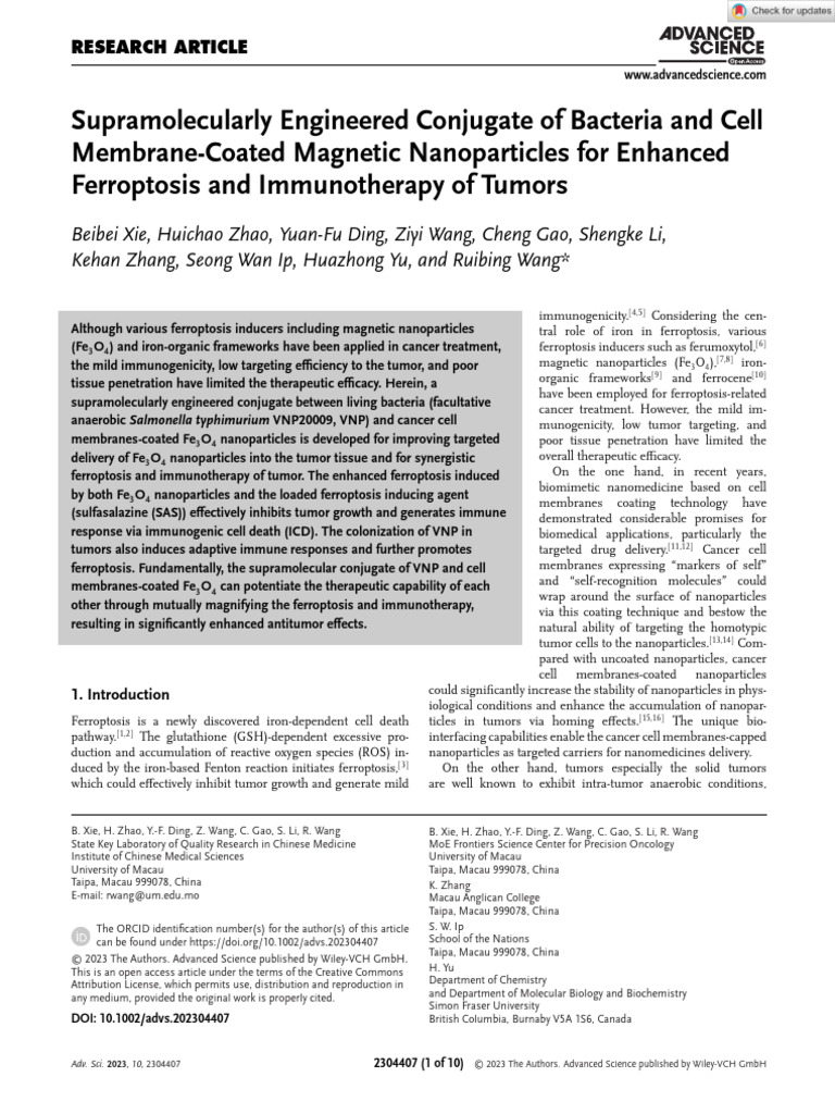 Advanced Science - 2023 - Xie - Supramolecularly Engineered Conjugate ...