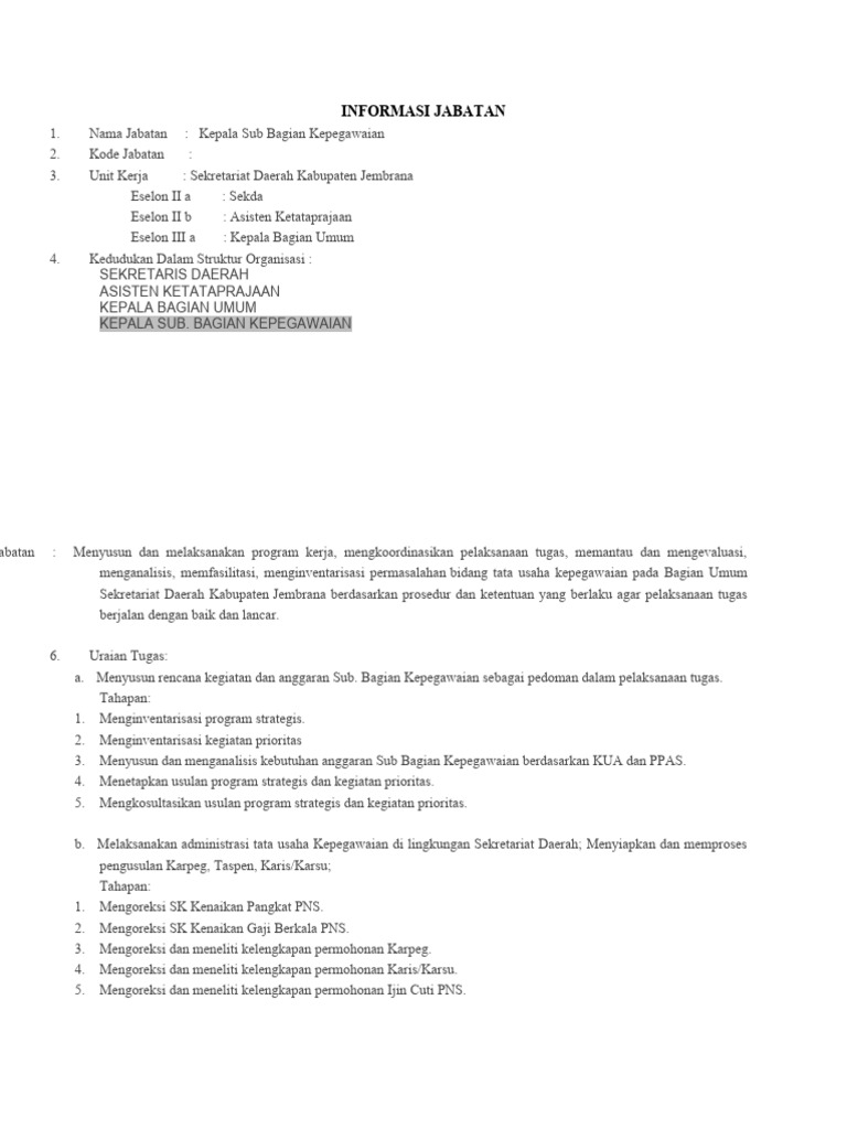 Anjab Kasubbag Kepegawaian | PDF