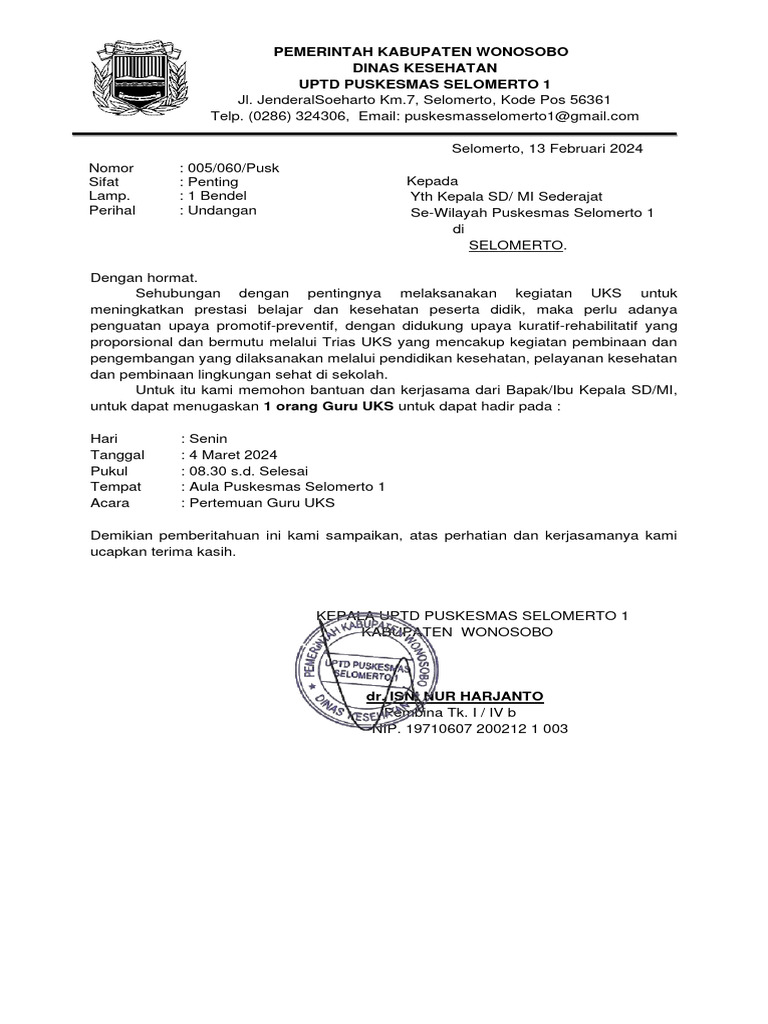 Revisi Undangan Pertemuan Guru UKS SD MI | PDF