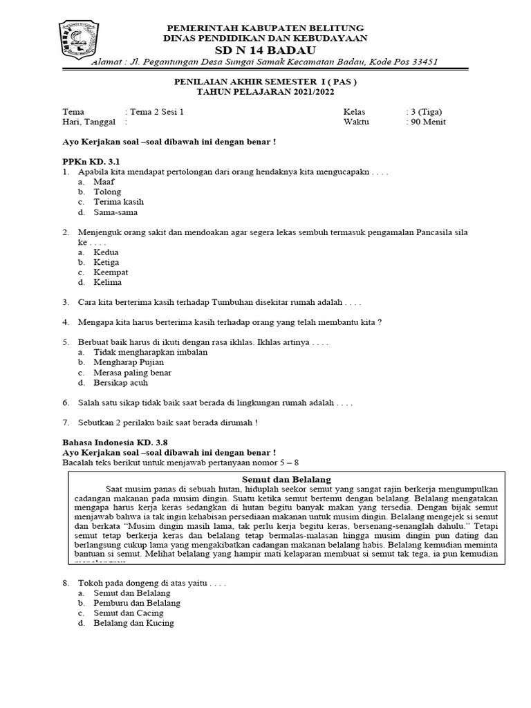 Sumatif Akhir Semester Kelas 3 Tema 2 Sesi 1 | PDF
