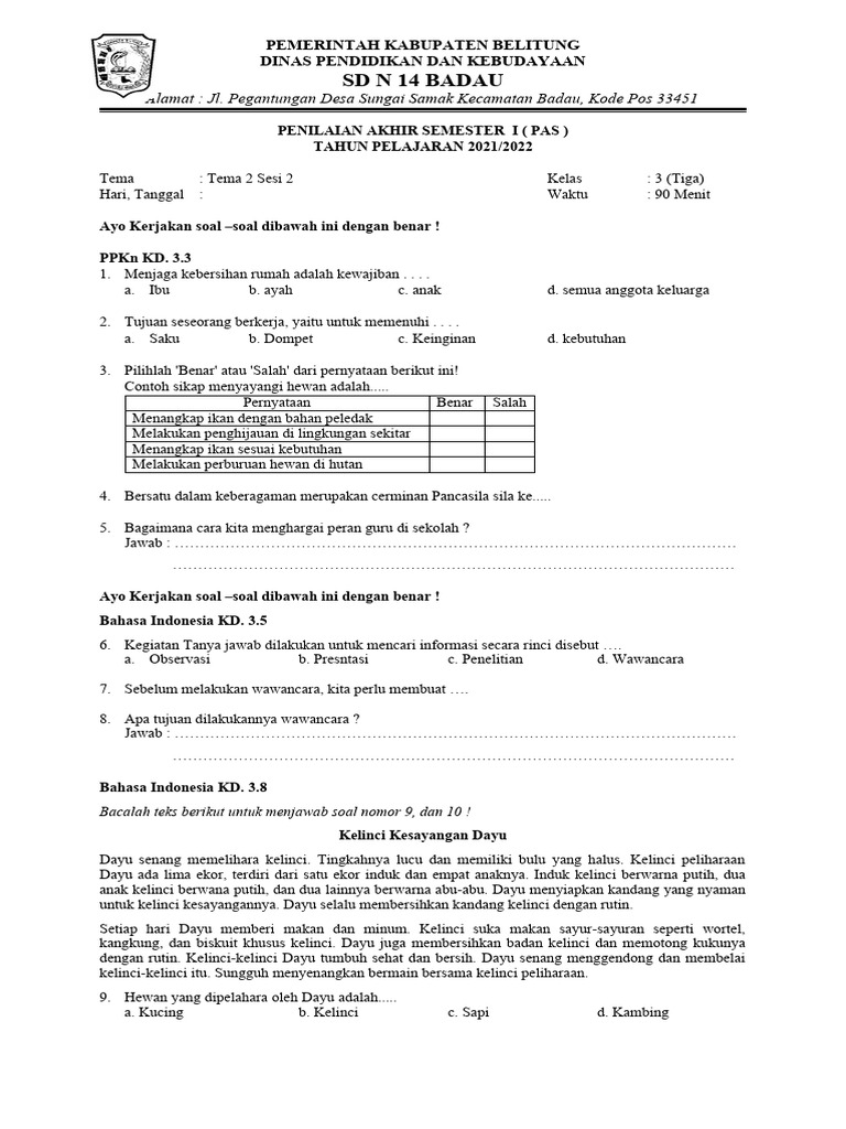 Sumatif Akhir Semester Kelas 3 Tema 2 Sesi 2 | PDF