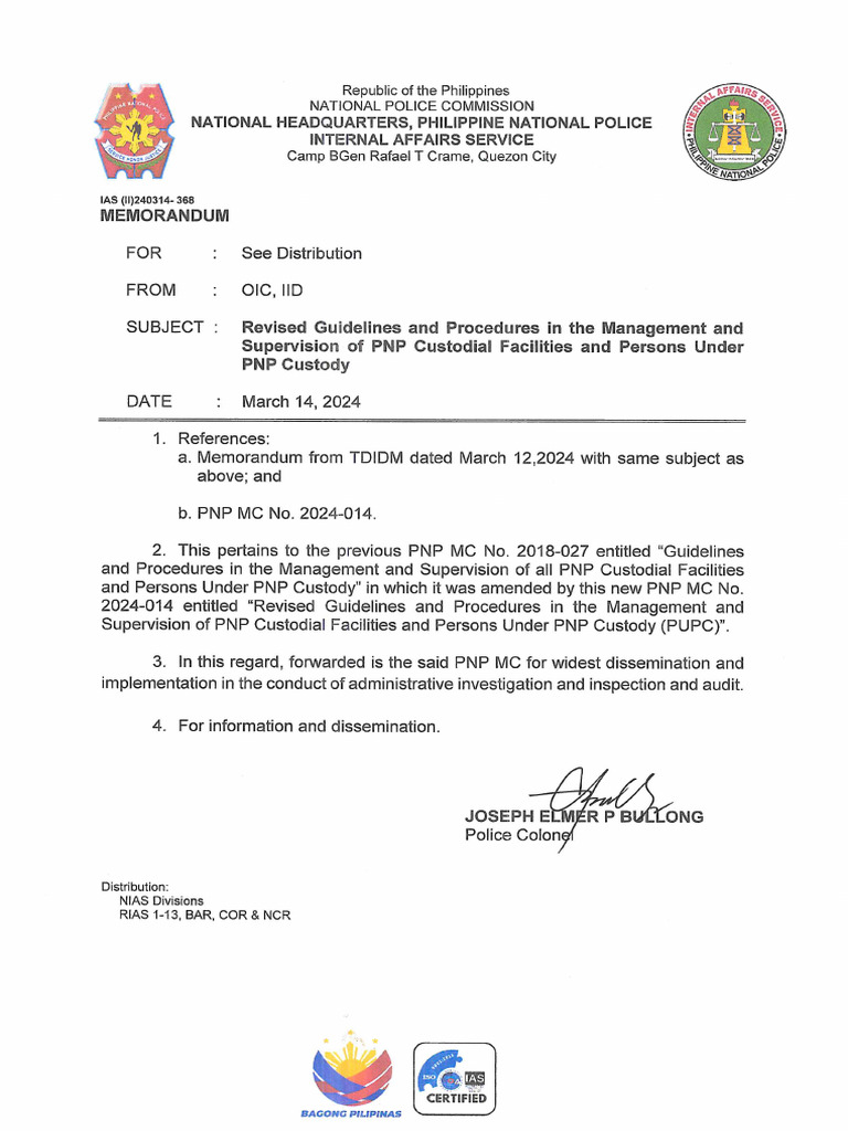 Revised Guidelines and Procedures in The Management and Supervision of PNP Custodial Facilities ...