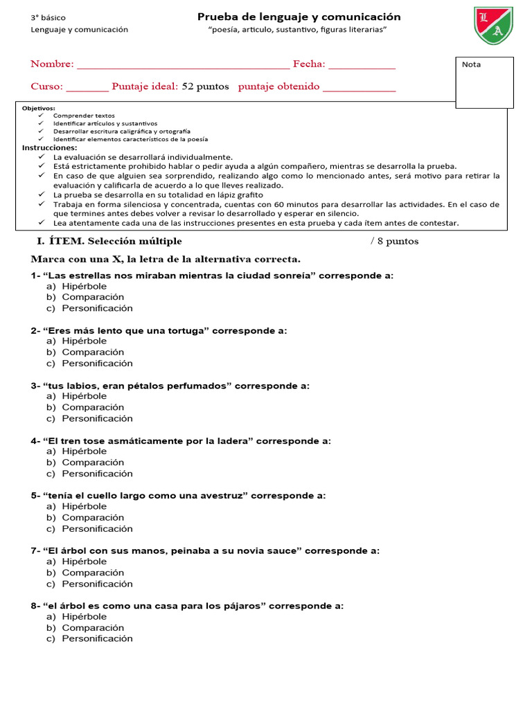 Prueba Lenguaje 3° Basico Poesia, Figura Literaria | PDF | Poesía